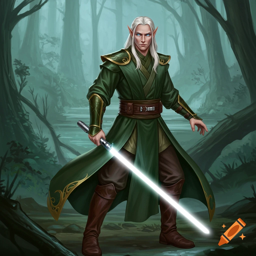 A male elf in green robes holding a white lightsaber in a forest. on ...