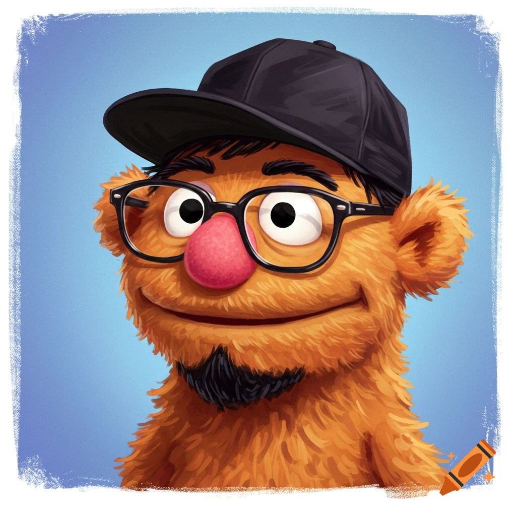 Illustration of an orange muppet character wearing a black baseball cap ...