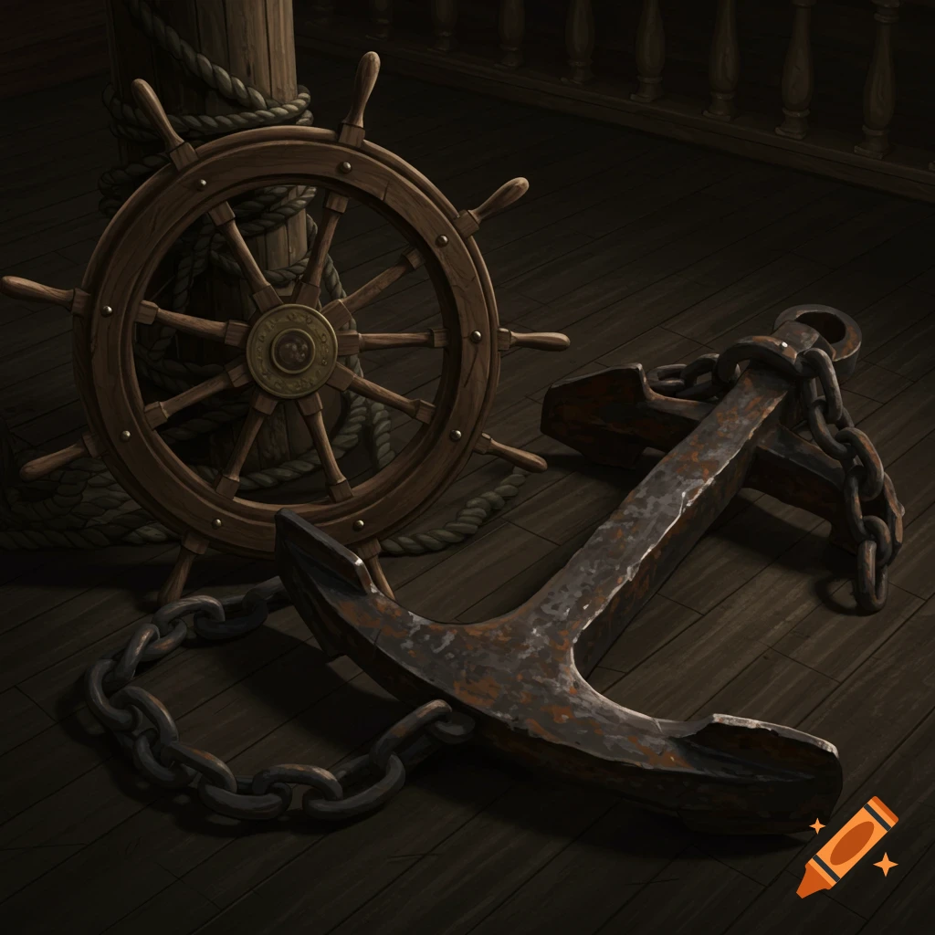 A wooden ship's wheel and a rusty anchor with chains rest on a dark ...