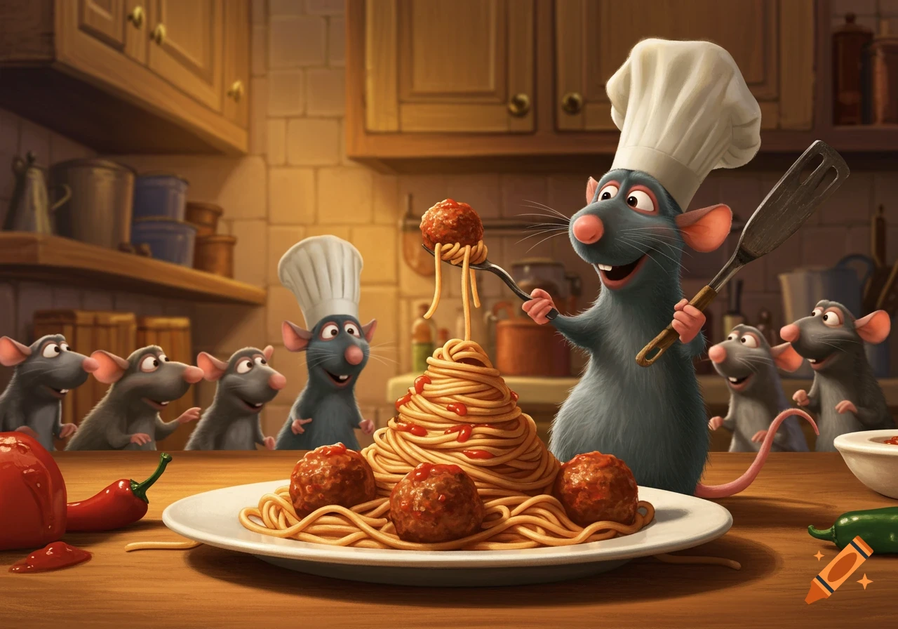 A cartoon rat chef serves spaghetti and meatballs to other rats in a ...