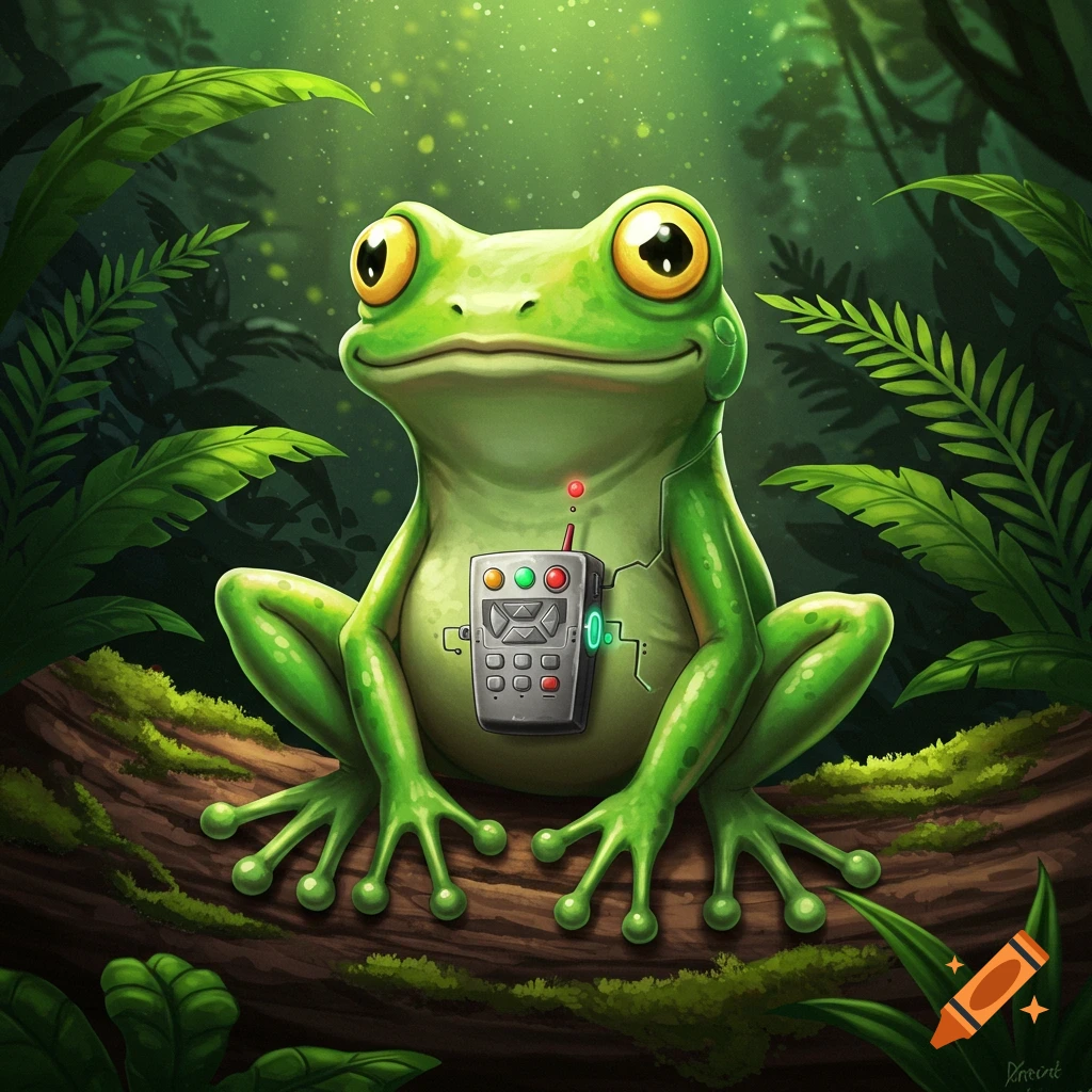 Illustration of a cartoon frog in a jungle with a remote control ...