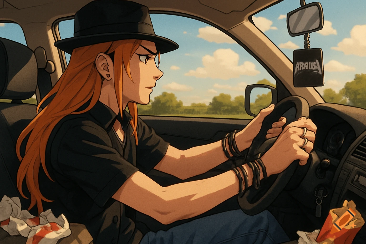Anime person with long orange hair and a fedora driving a car. on Craiyon