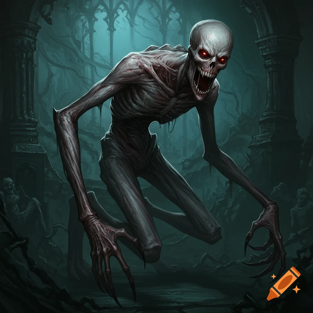 A creepy skeletal monster with red eyes and claws in dark gothic ruins ...