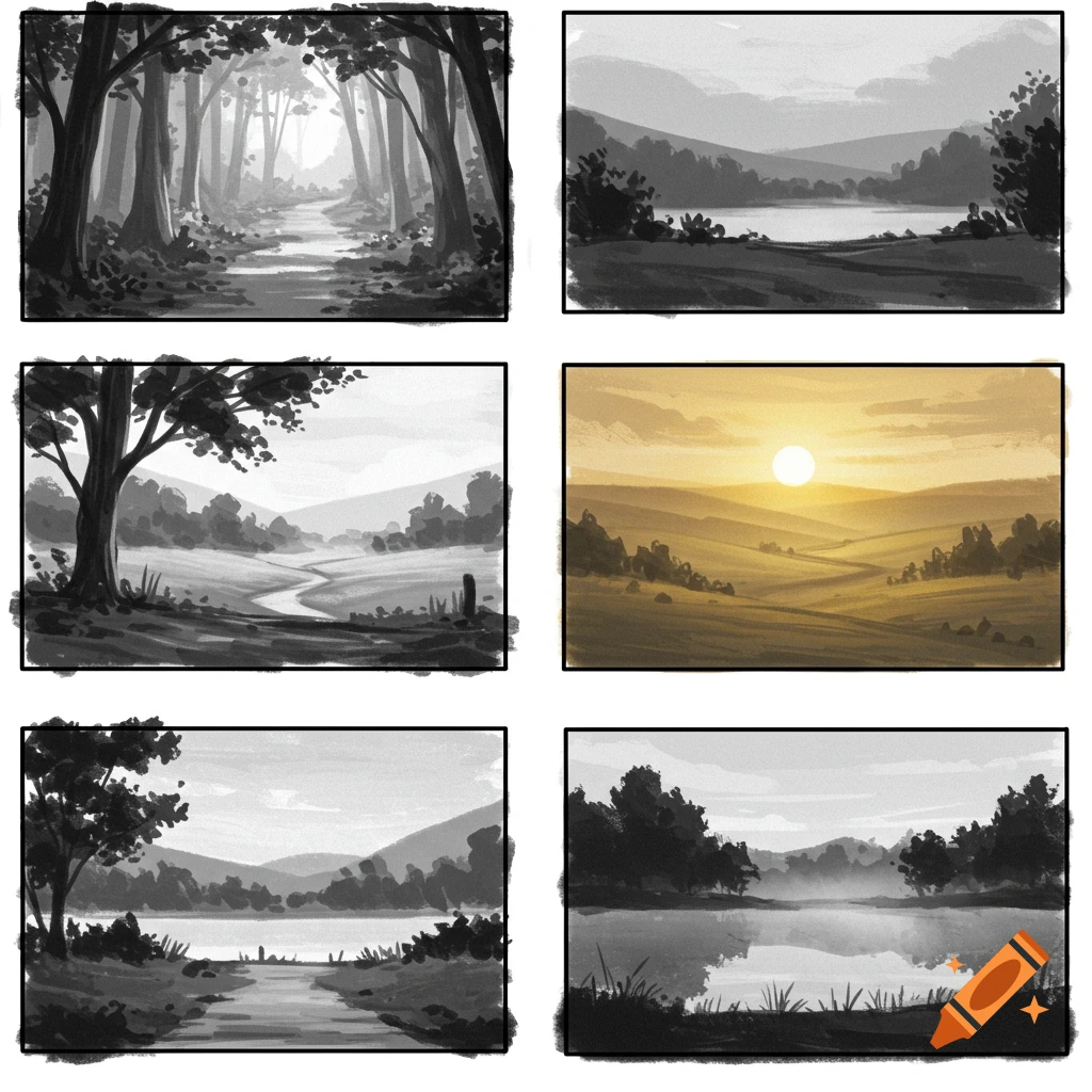 Six landscape sketch thumbnails: forest path, lake, river, sunset over ...
