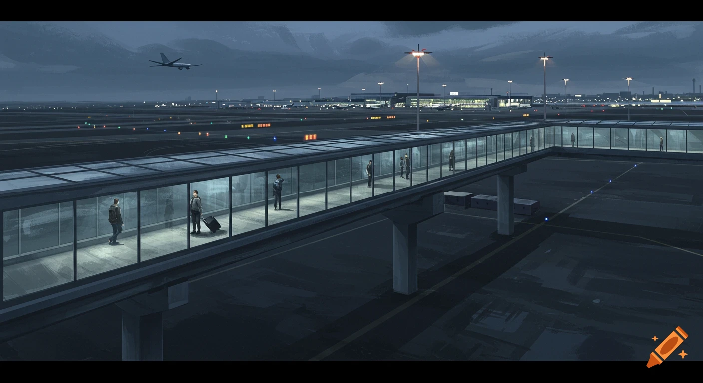 Digital painting of a pedestrian jet bridge at an airport with people ...