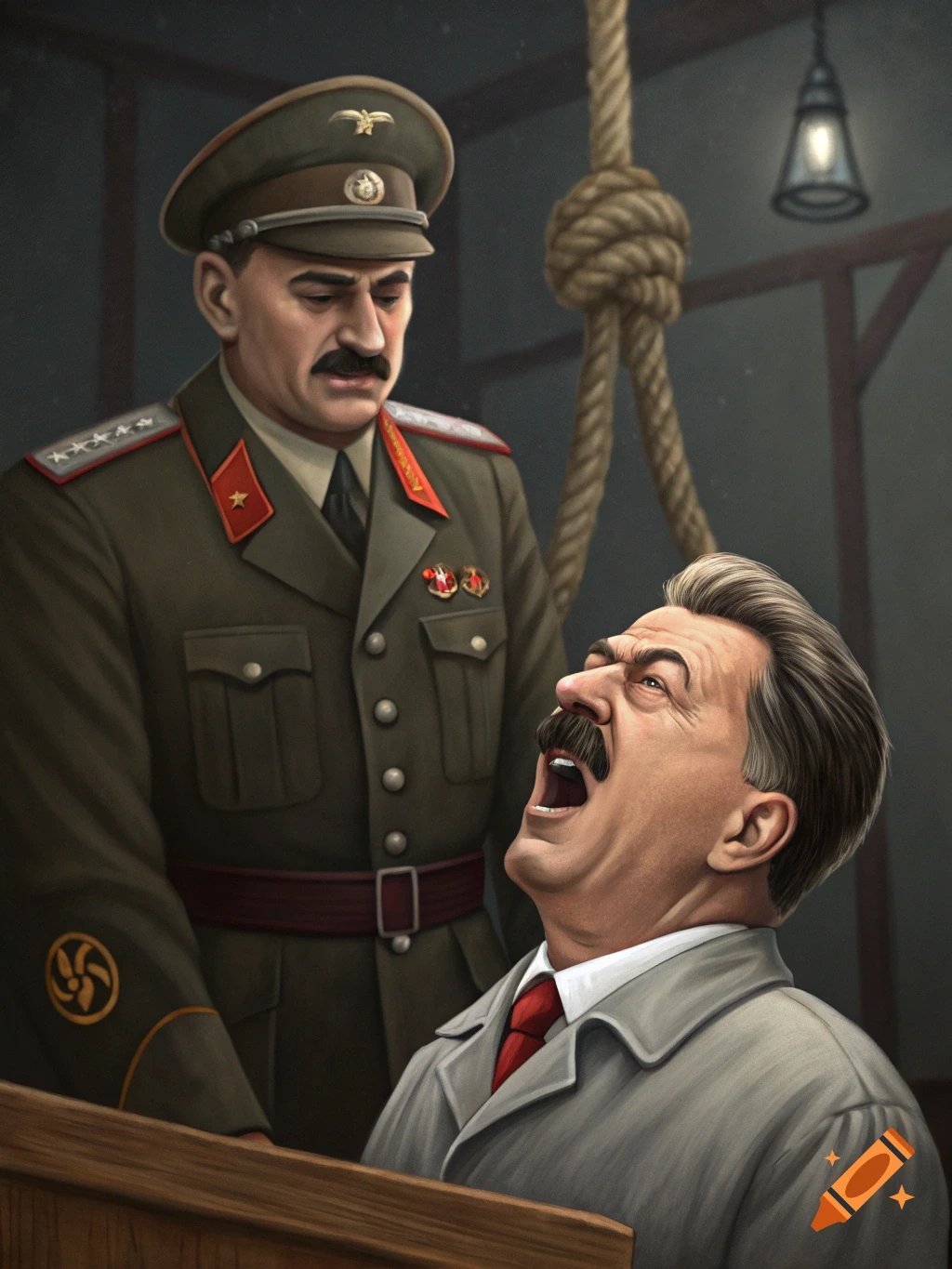 A man in a suit looks up in distress at a man in military uniform ...