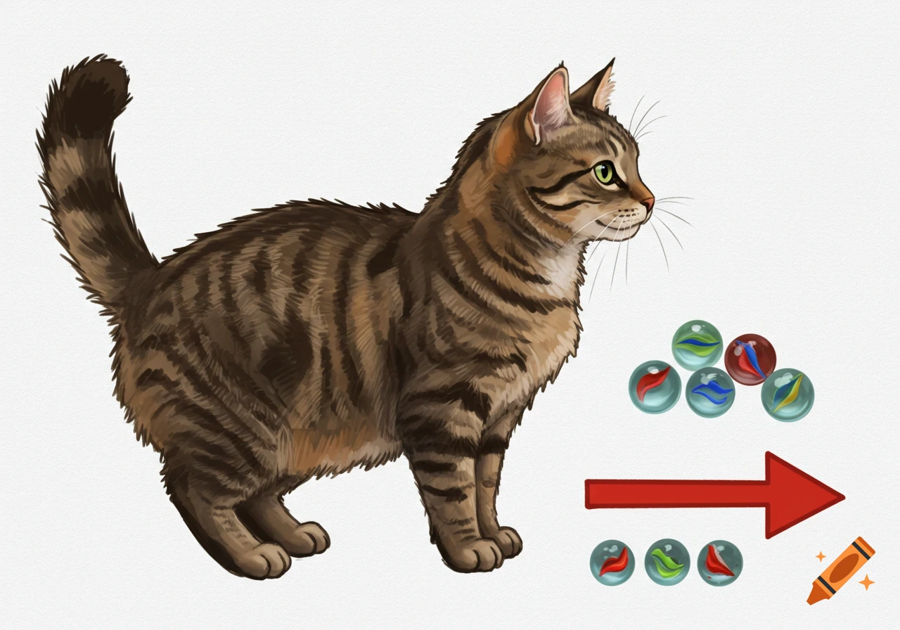 A brown tabby cat stands next to marbles and a red arrow. on Craiyon