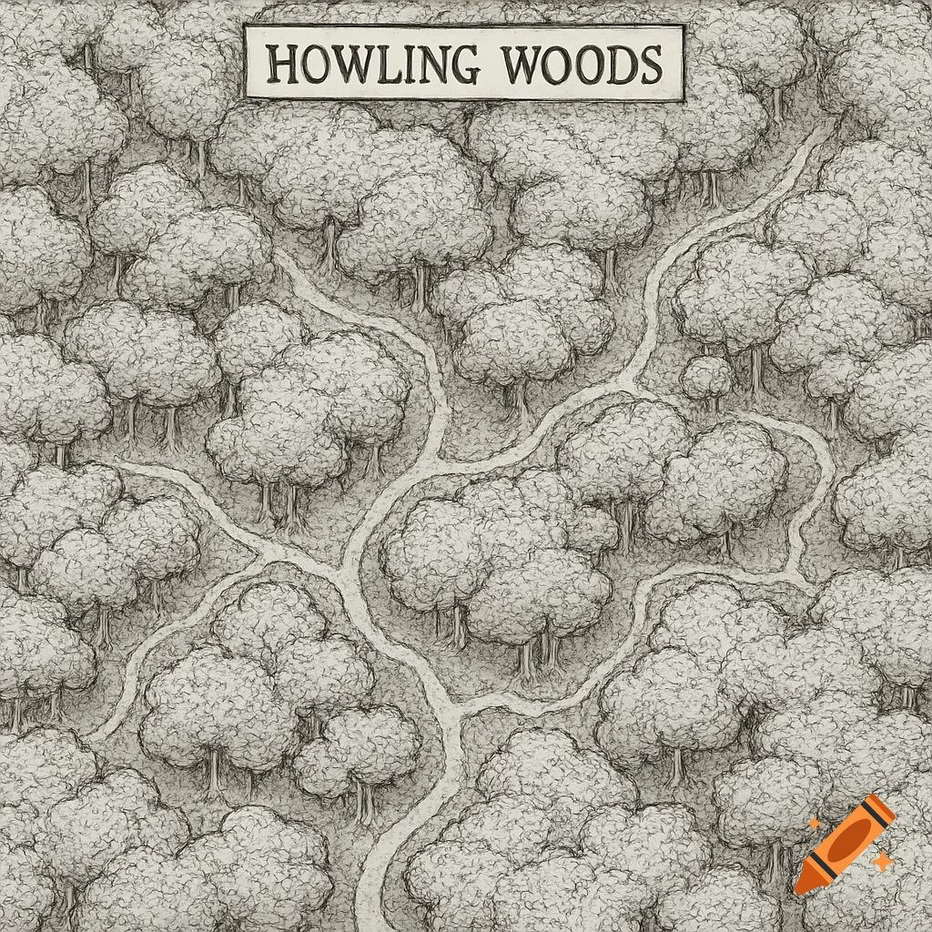 Hand-drawn black and white fantasy map of the Howling Woods forest with ...