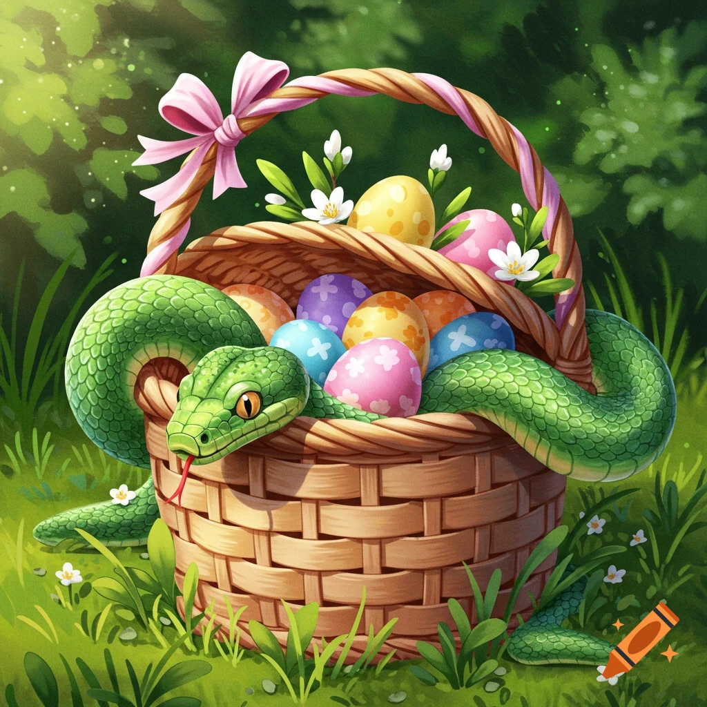 An illustration of a green snake peeking out of an Easter basket filled ...