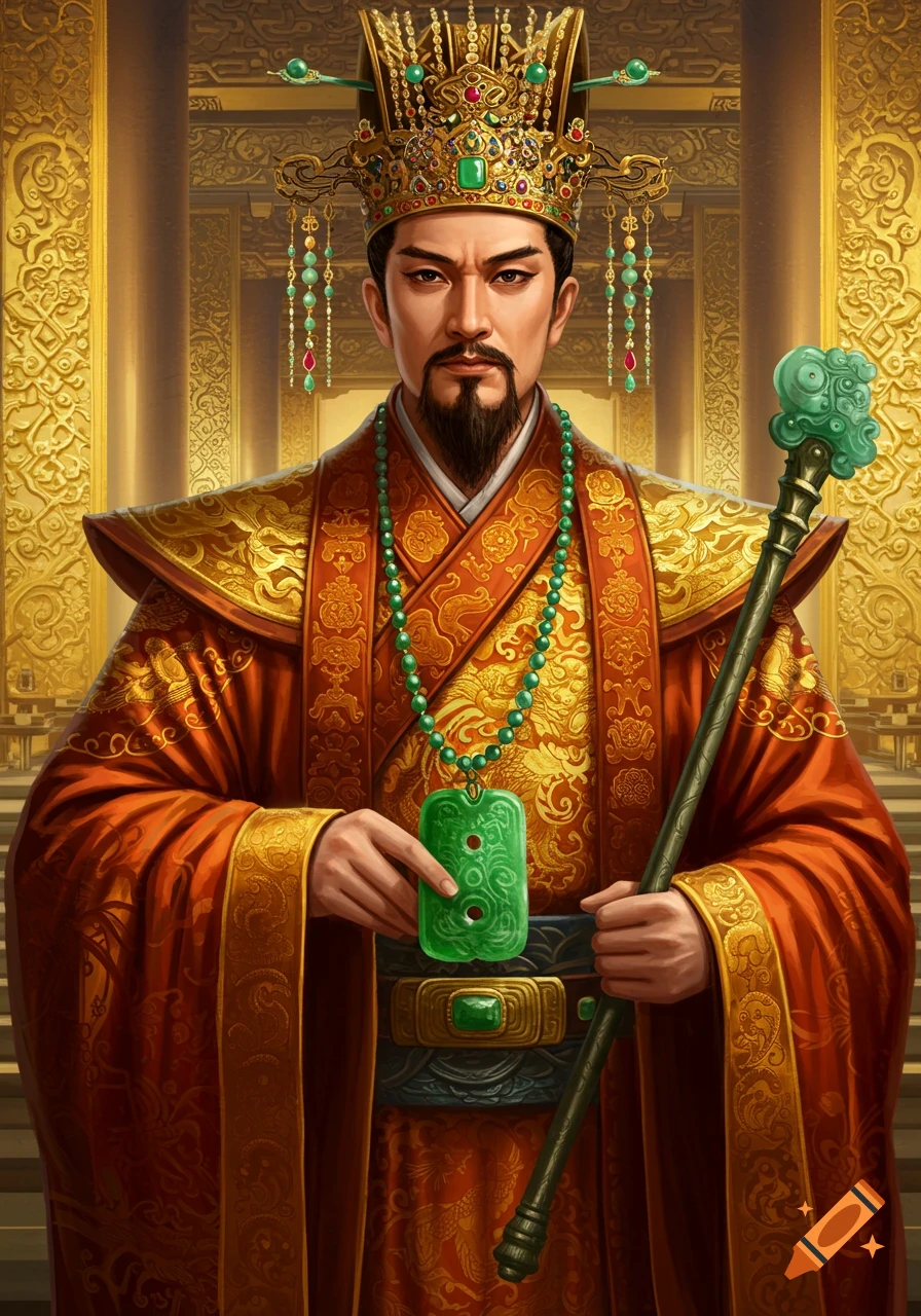 Portrait of a Chinese emperor in ornate robe and crown, holding a jade ...