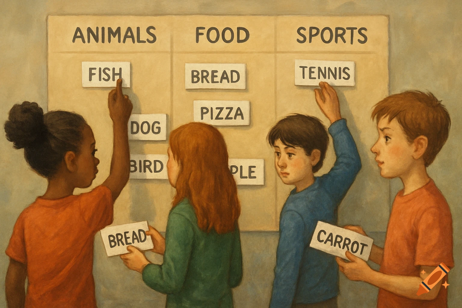 Illustration of children sorting word cards into categories on a board ...