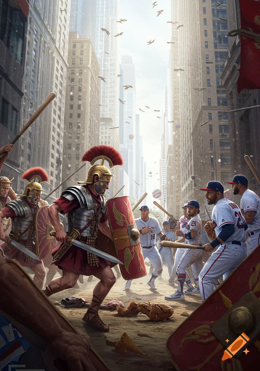 Roman soldiers clash with baseball players in a street battle in a ...