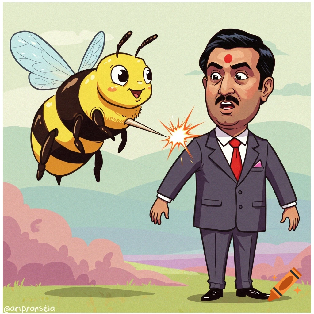 Cartoon illustration of a happy bee stinging a startled man in a suit ...