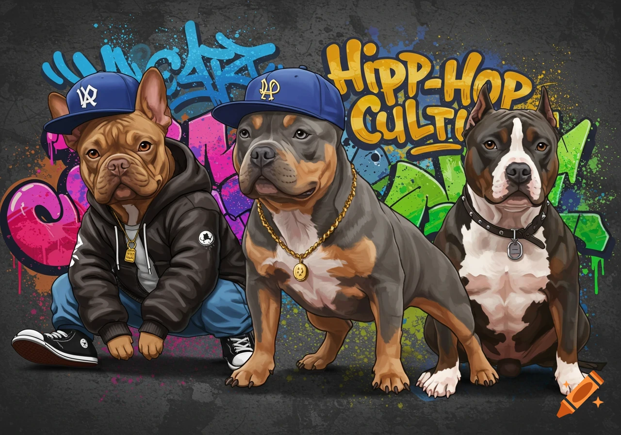 Three dogs in hip-hop clothes and hats in front of graffiti. on Craiyon