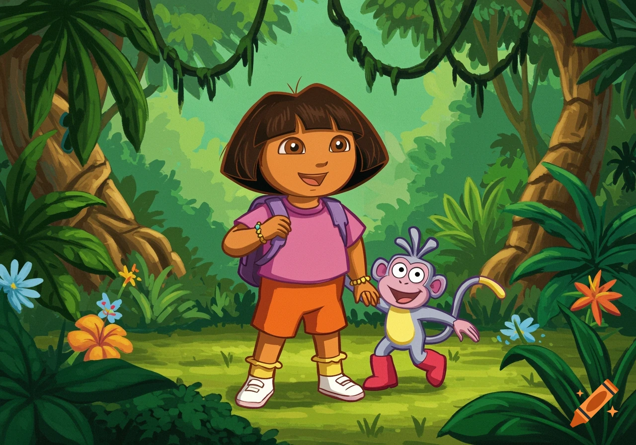 A cartoon illustration of Dora the Explorer and Boots the Monkey ...