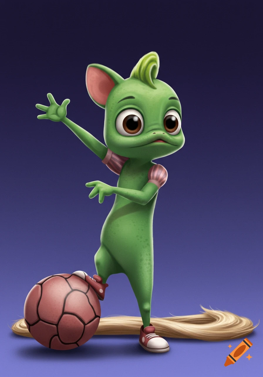 Cartoon green character resembling Pascal with foot on soccer ball on ...