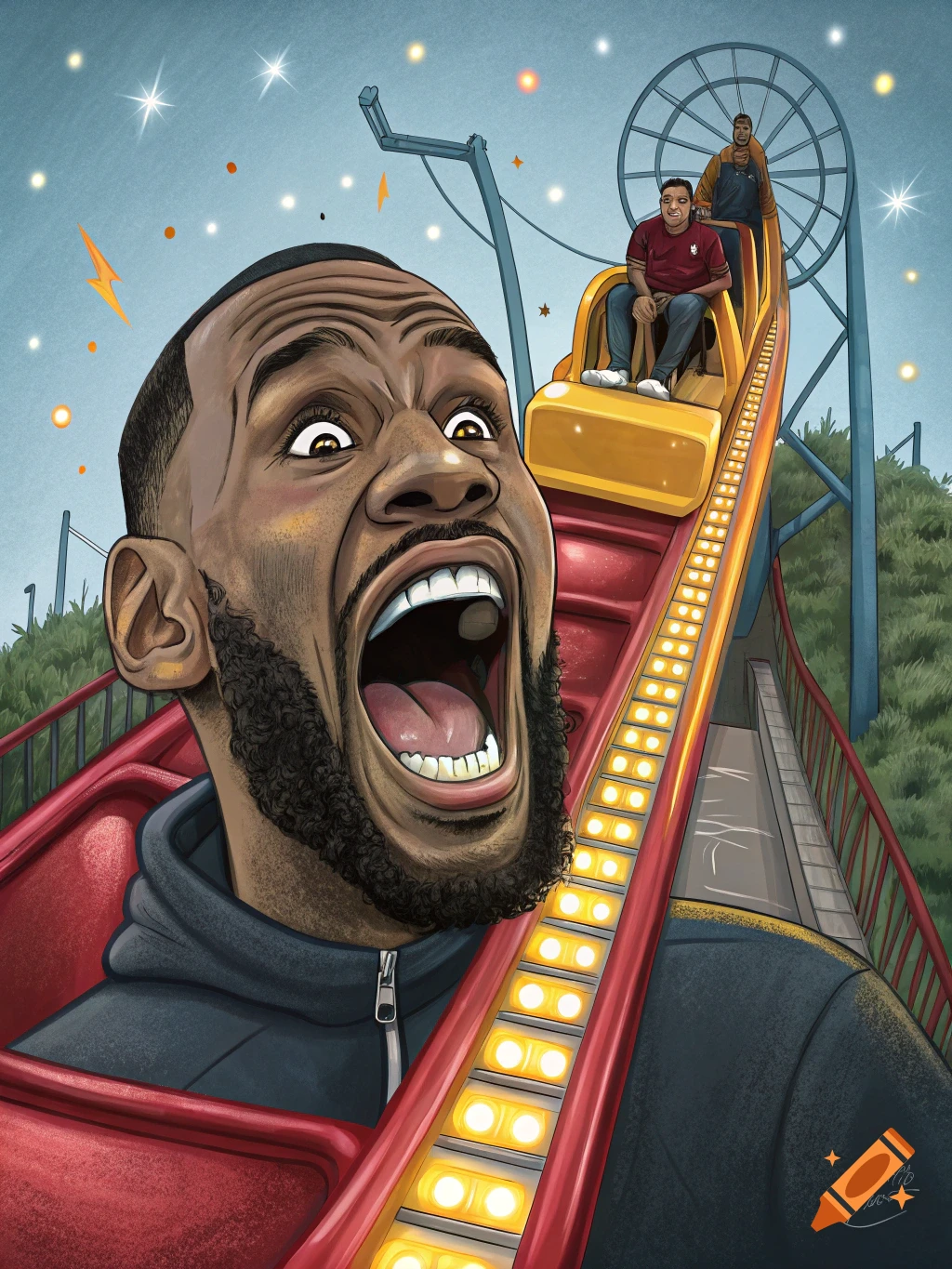 Cartoon illustration of a man screaming on a roller coaster with a ...