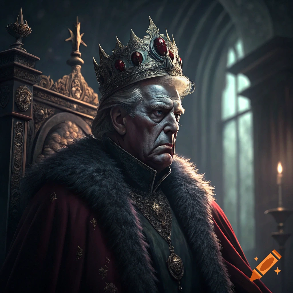 A detailed portrait of an old man wearing a crown and fur-trimmed robe ...