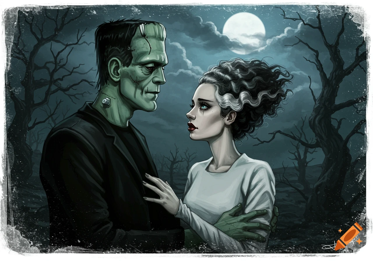 Stylized illustration of Frankenstein's monster and his bride in a ...