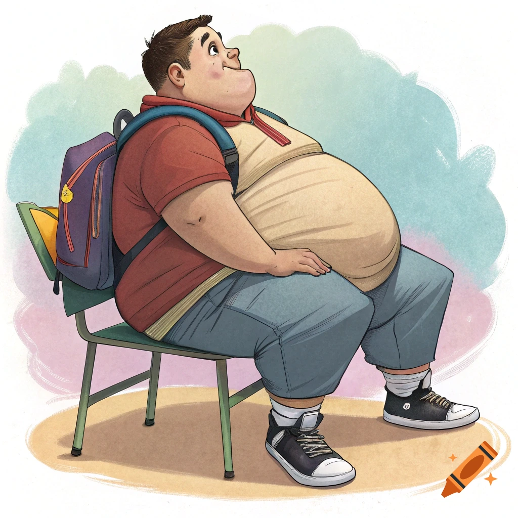 Cartoon illustration of an obese male student sitting on a green chair ...
