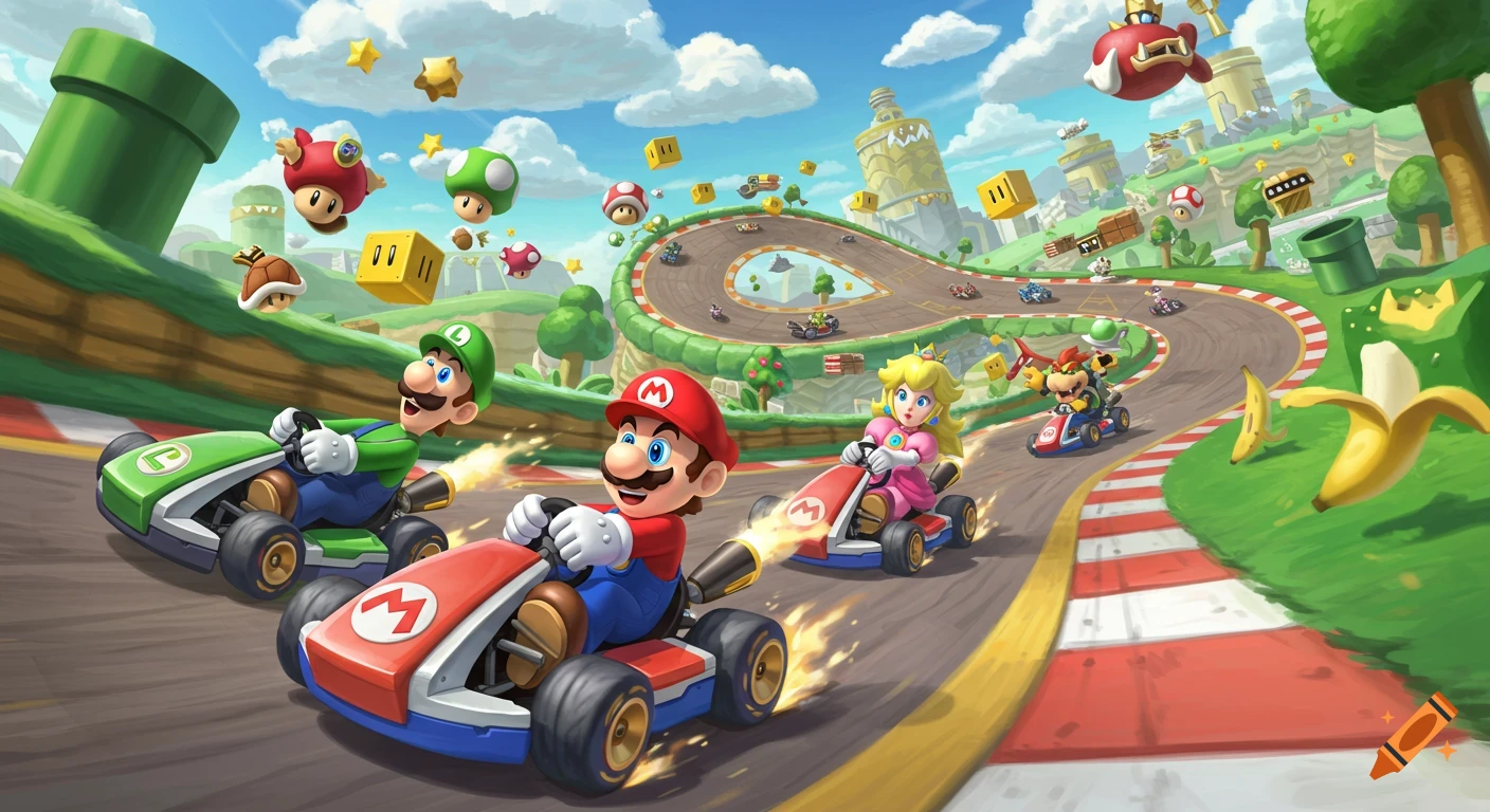 Mario, Luigi, Peach, and Bowser race karts on a colorful track with ...