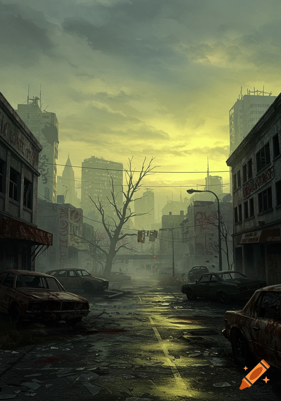 Ruined city street scene with damaged cars, debris, and destroyed ...