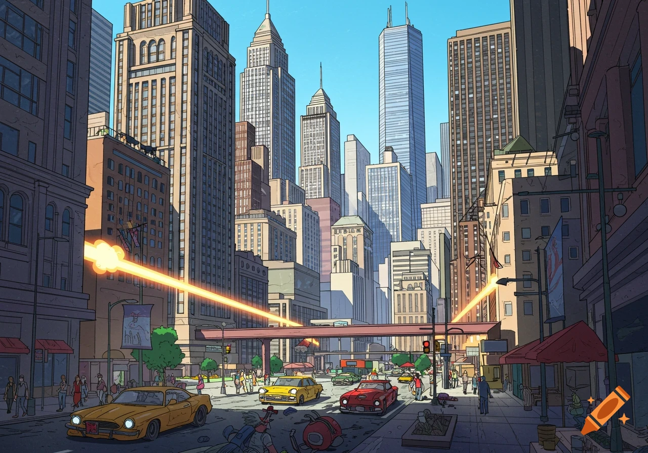 Comic book style city street with skyscrapers, cars, pedestrians, and ...