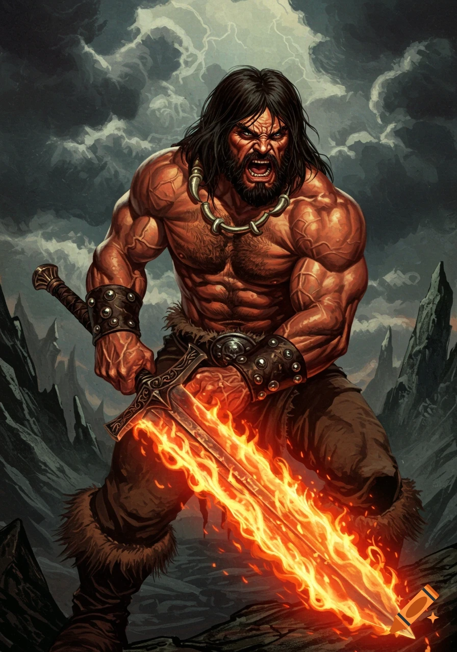 Muscular barbarian warrior holding a flaming sword in a stormy ...