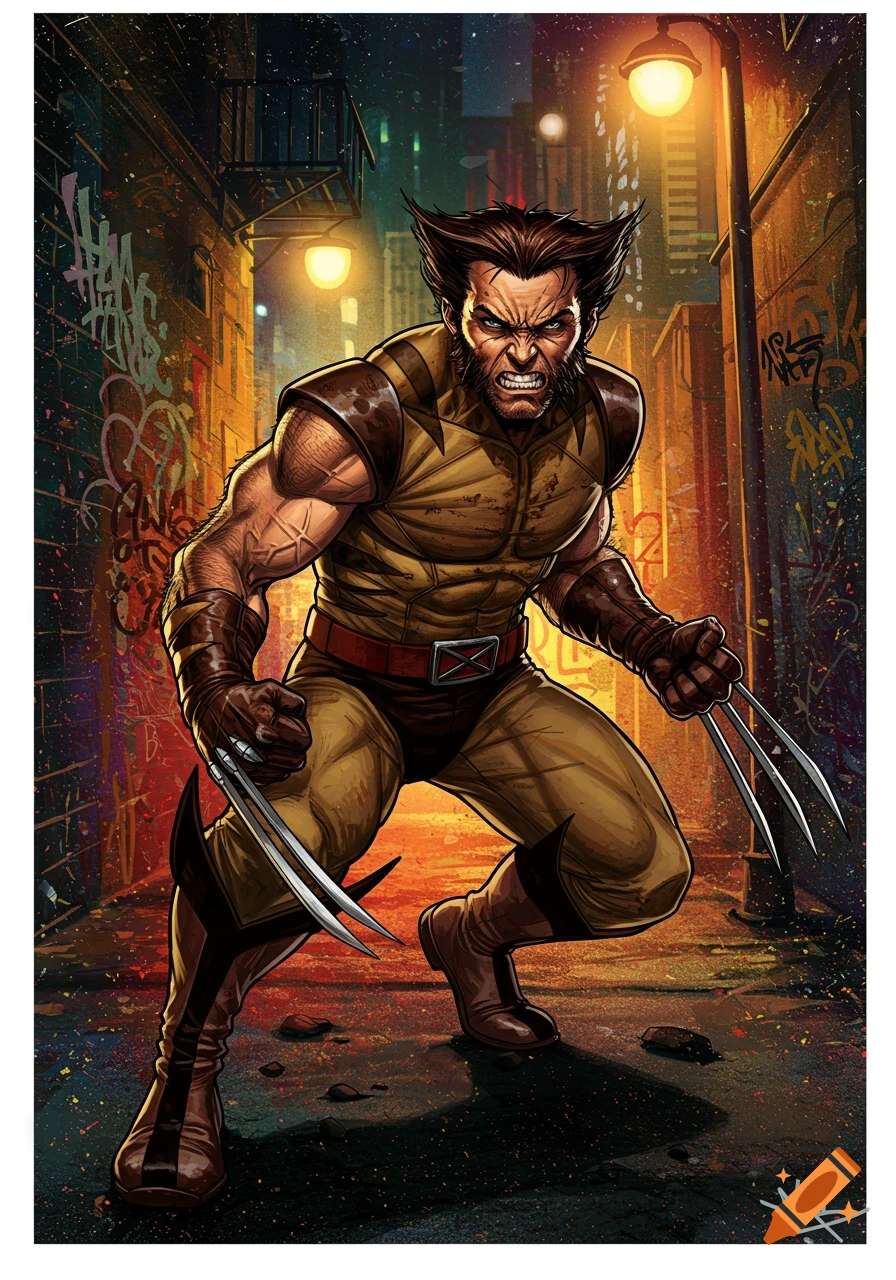 Comic book illustration of Wolverine crouched in a gritty alley, claws ...