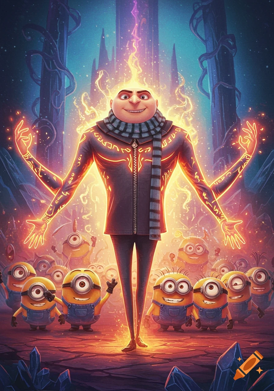 Gru appears as a powerful sorcerer surrounded by glowing minions in an ...