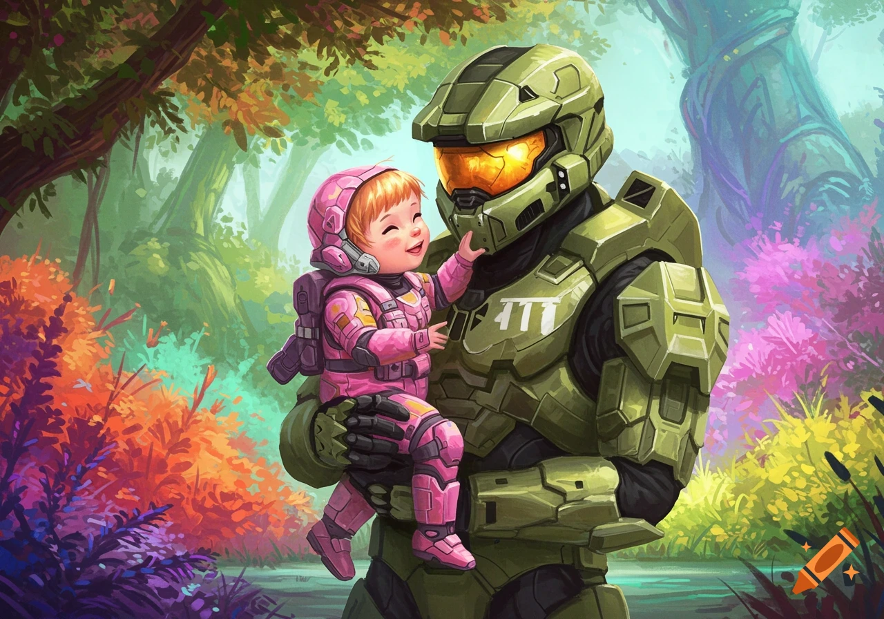 Master Chief holds a baby in a pink suit in a colorful, fantasy forest ...