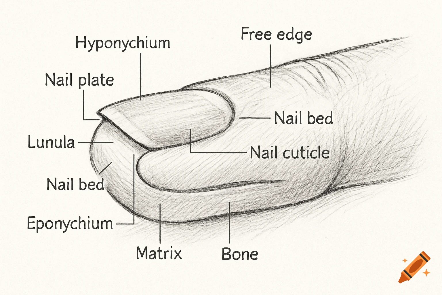 Sketch diagram labeling parts of a finger and fingernail anatomy on Craiyon