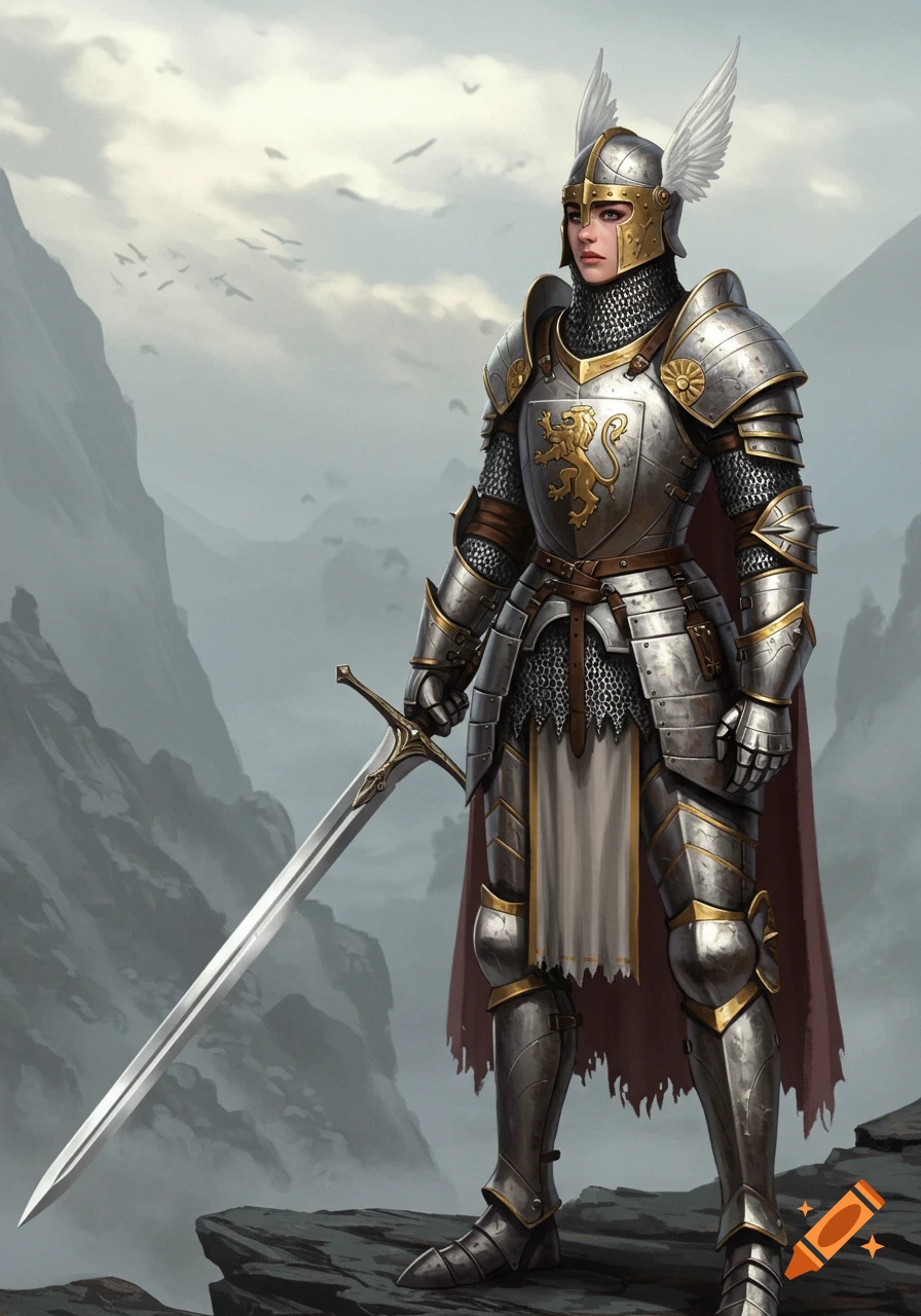 A female knight in full plate armor stands on a rocky ledge, holding a ...