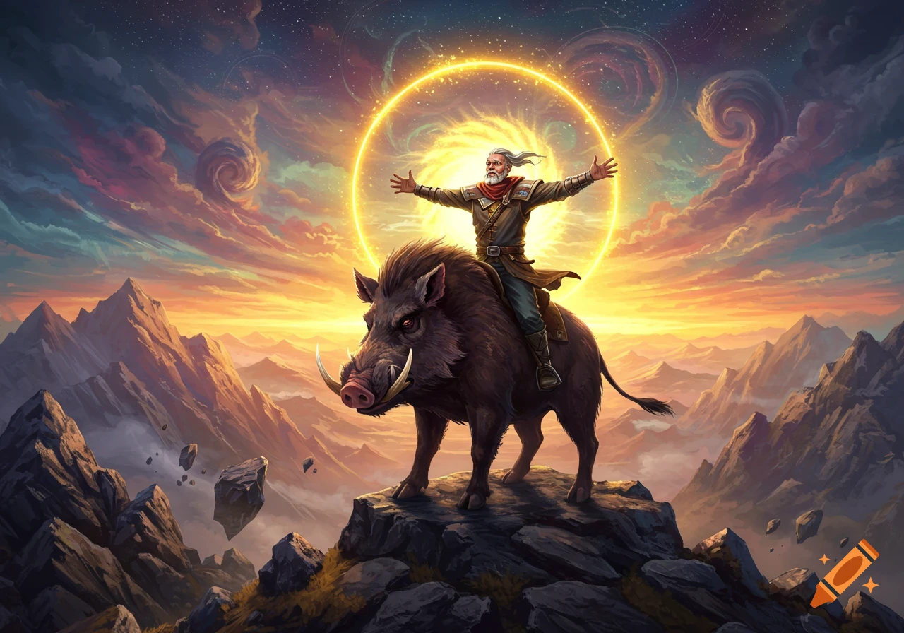 Man rides a wild boar on a mountain peak against an epic sunset sky ...