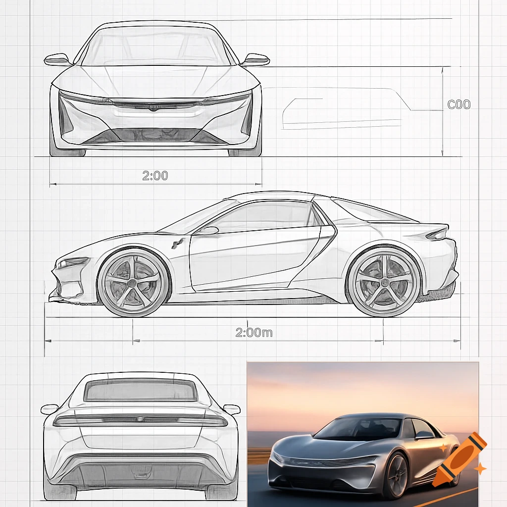 Automotive design blueprint with front, side, rear orthographic views ...