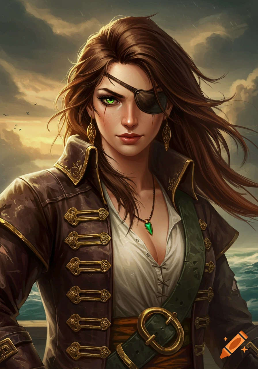 Fantasy portrait of a female pirate captain with brown hair and green ...