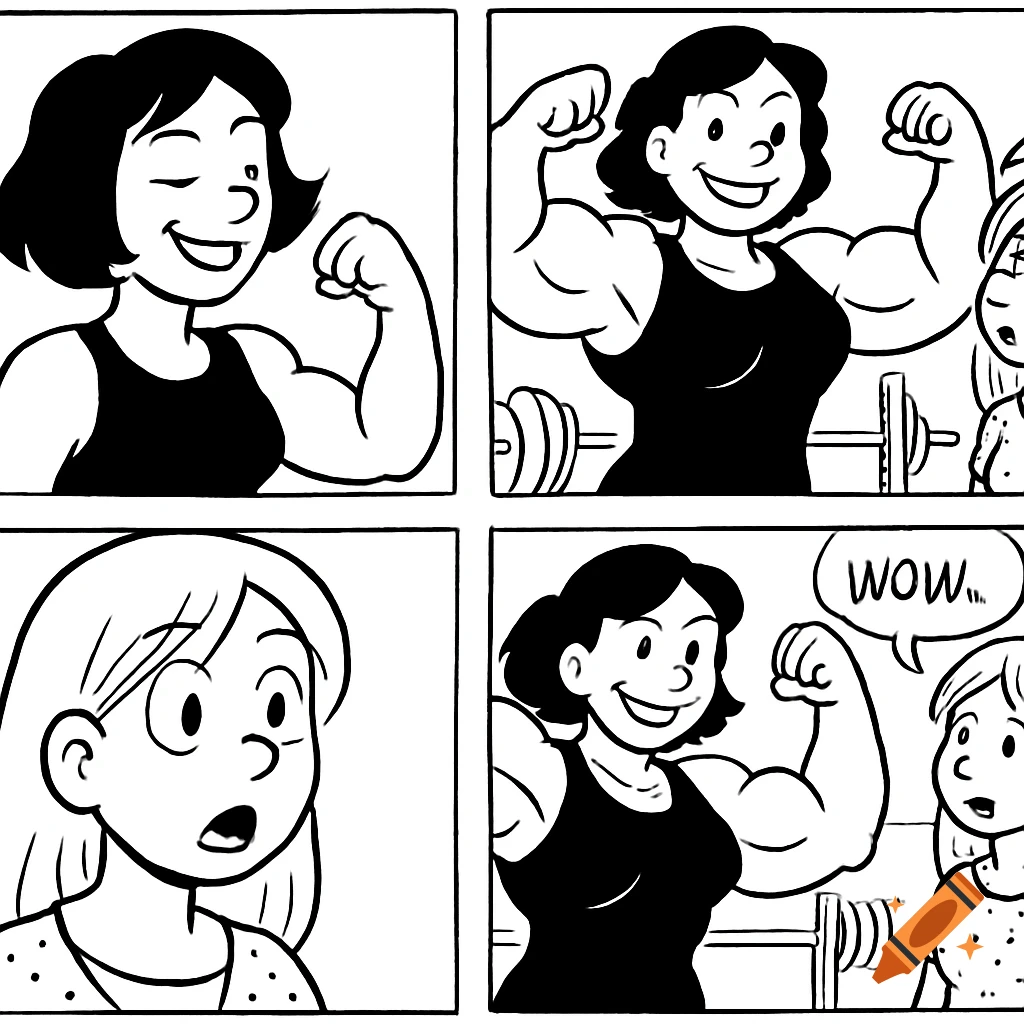 Black and white comic strip of a muscular woman flexing at the gym for ...