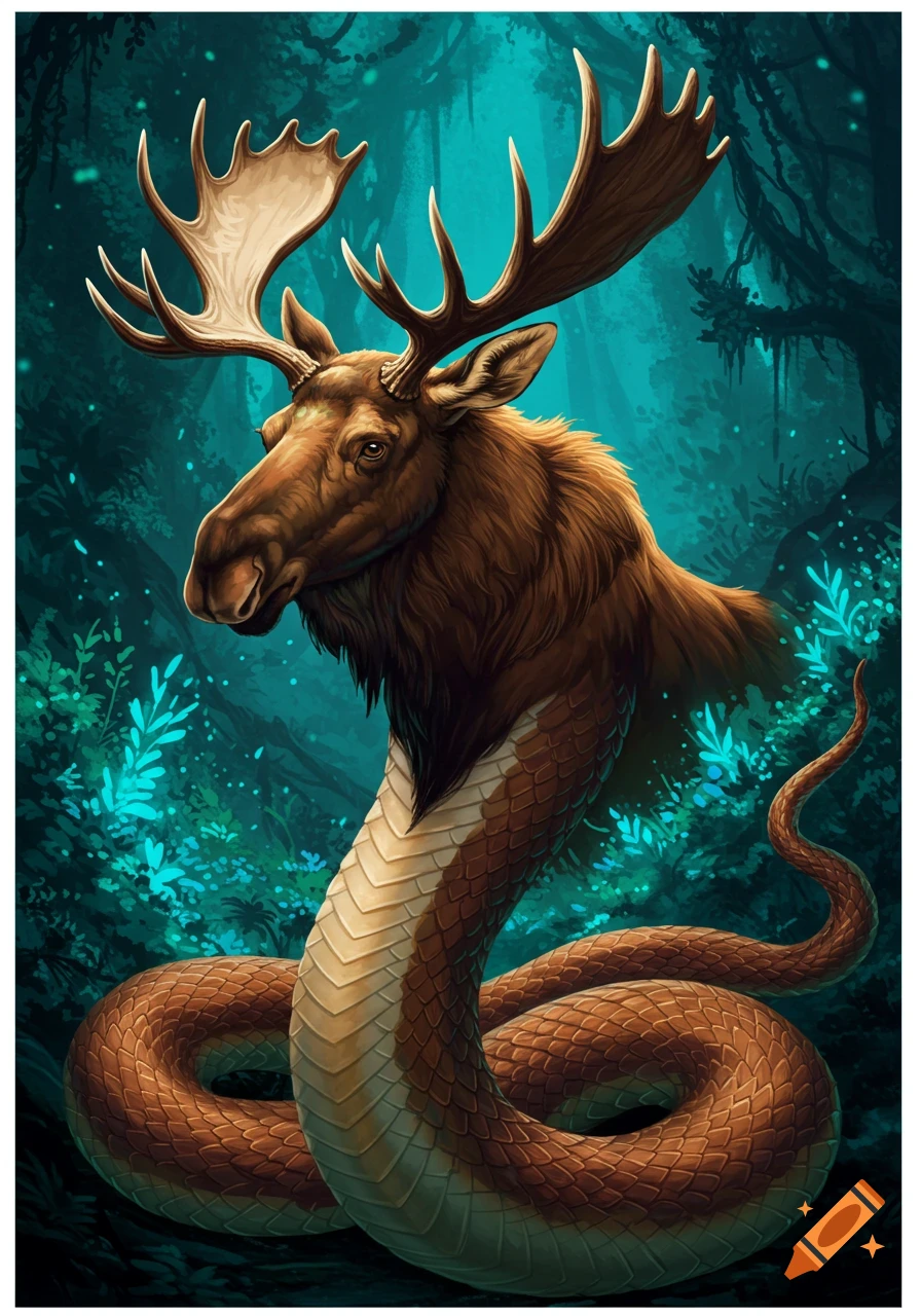 A hybrid creature with a moose head and a snake body stands in a dark ...