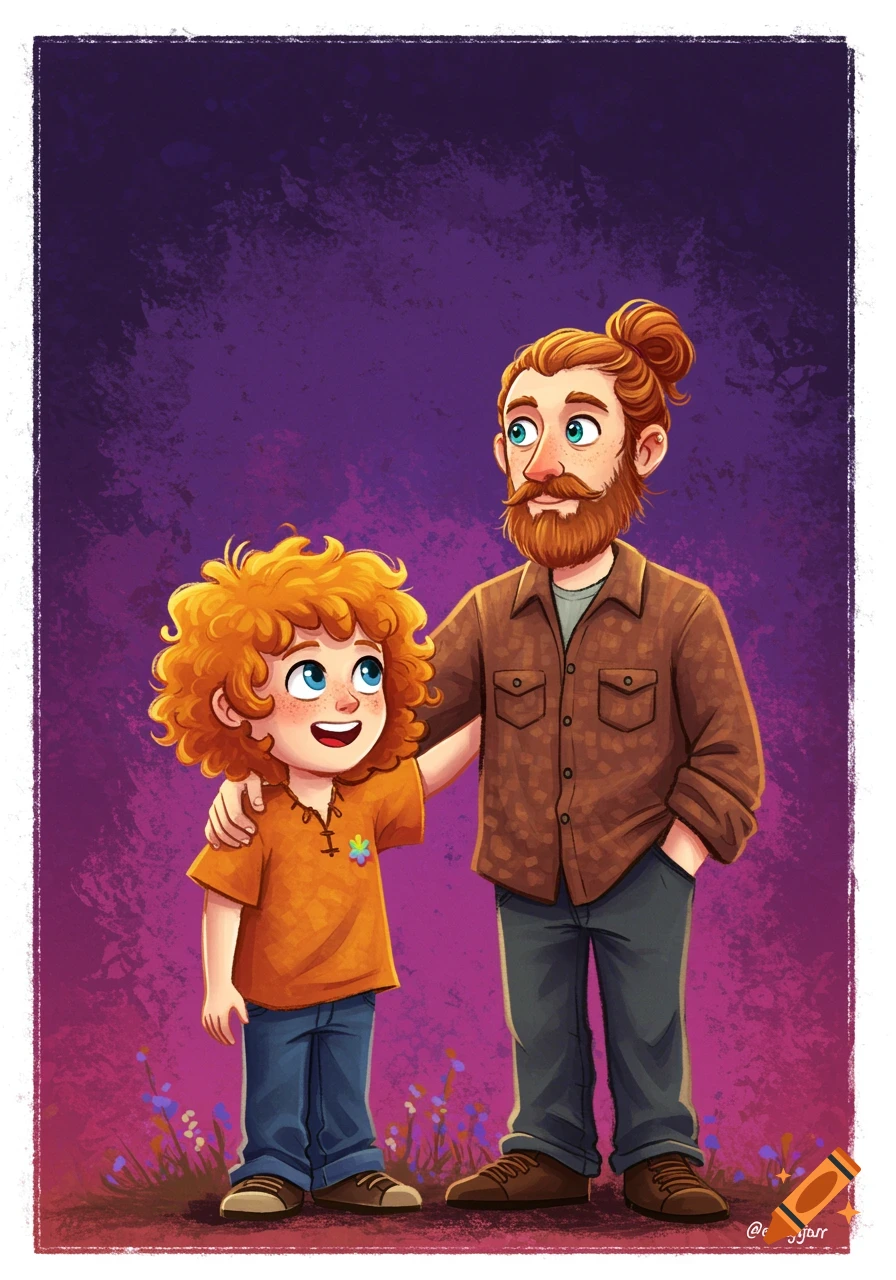 Cartoon illustration of a father with a man bun and his son with fluffy ...