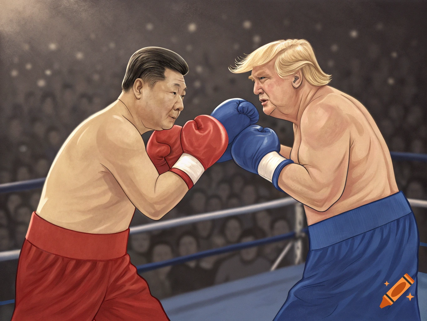 Caricature illustration of Xi Jinping and Donald Trump boxing in a ring ...