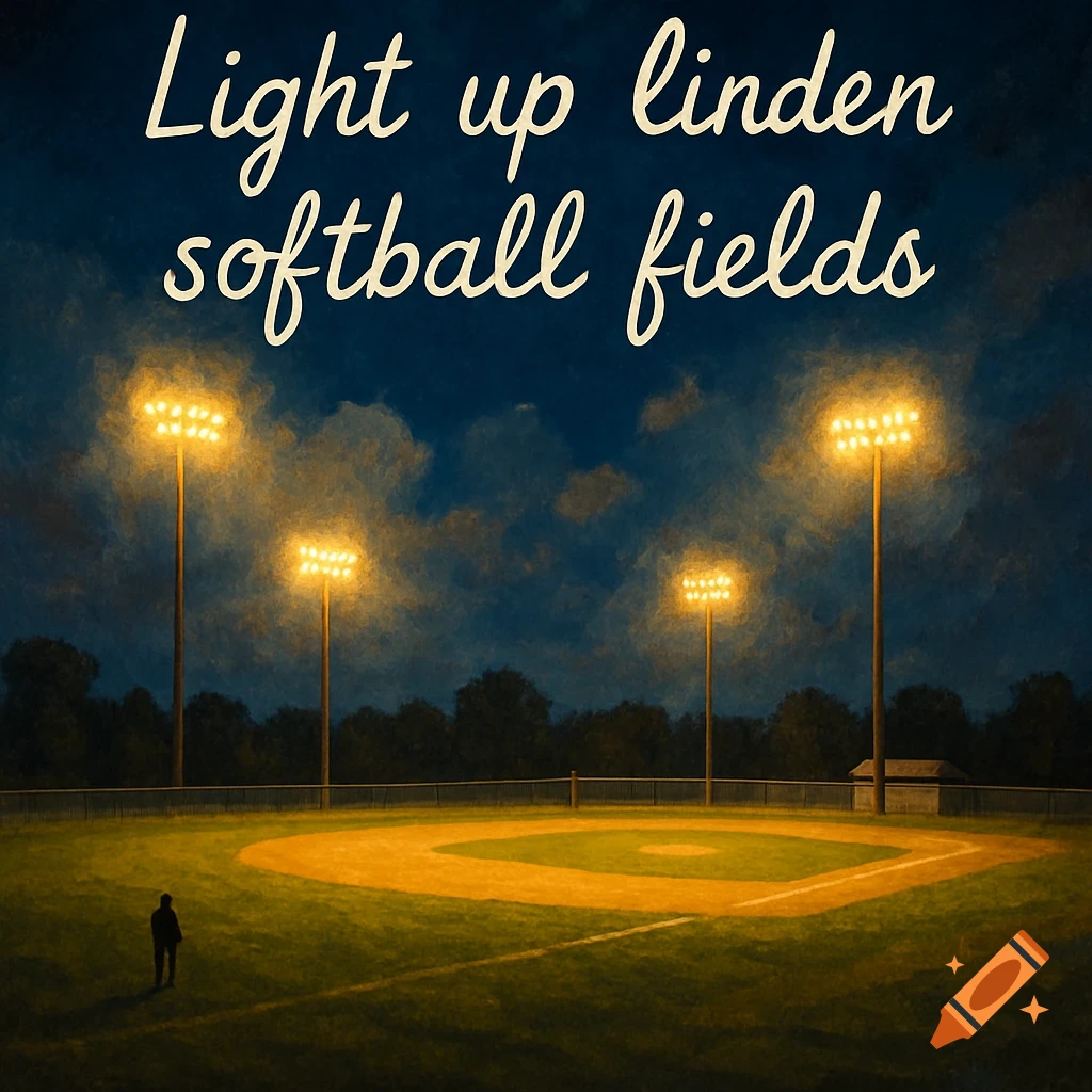 Painterly image of a softball field at night with lights, featuring the ...