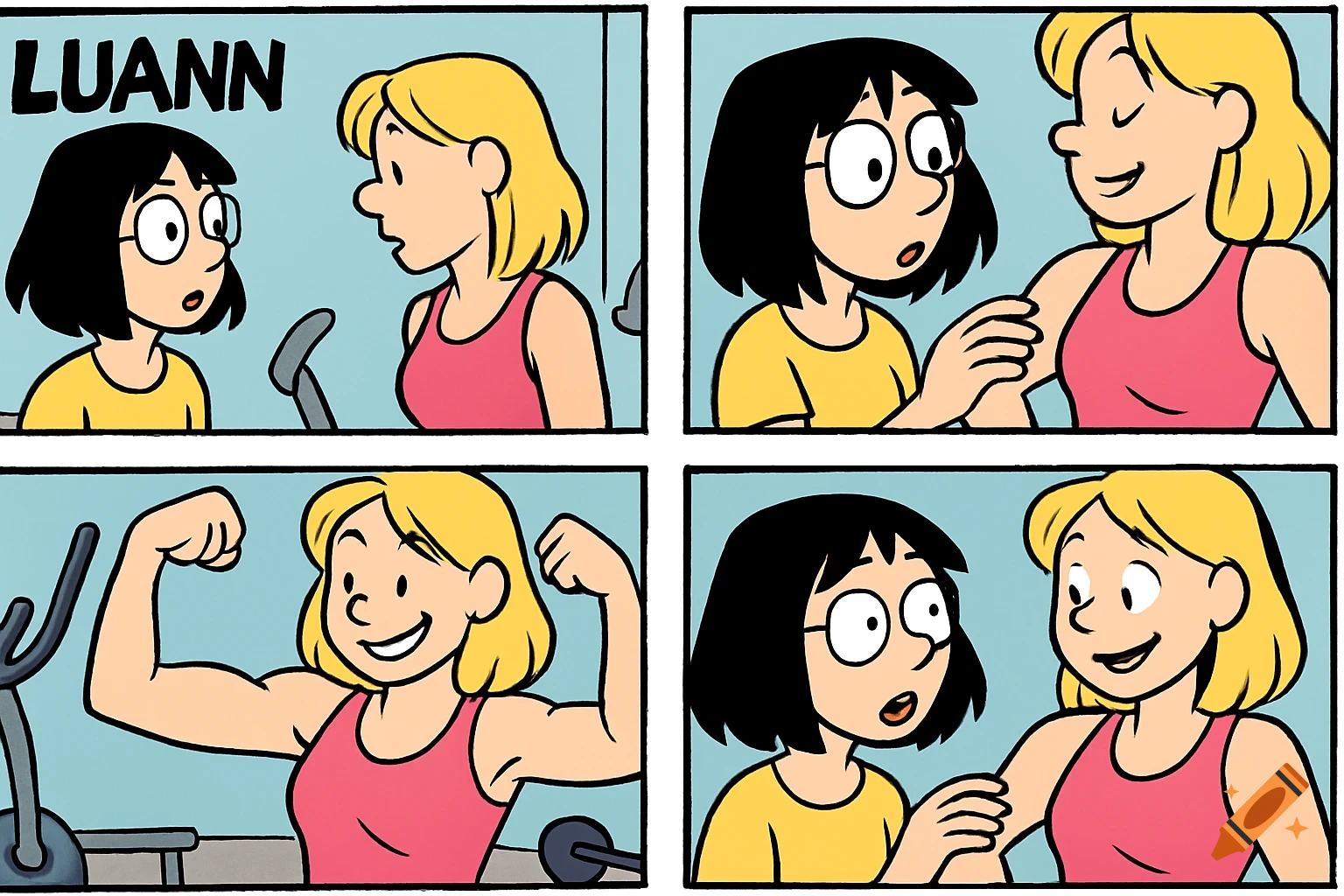 Cartoon comic strip panels show two women at a gym, one flexing muscles ...