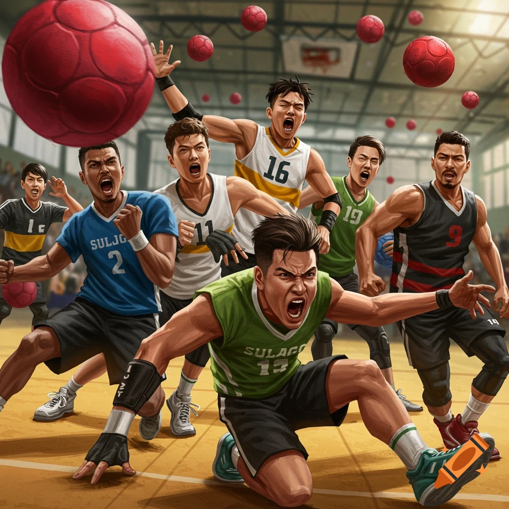 Intense dodgeball game with multiple players screaming and diving on Craiyon