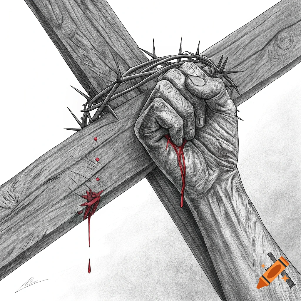 Sketch of a hand holding a crown of thorns against a cross, with blood ...