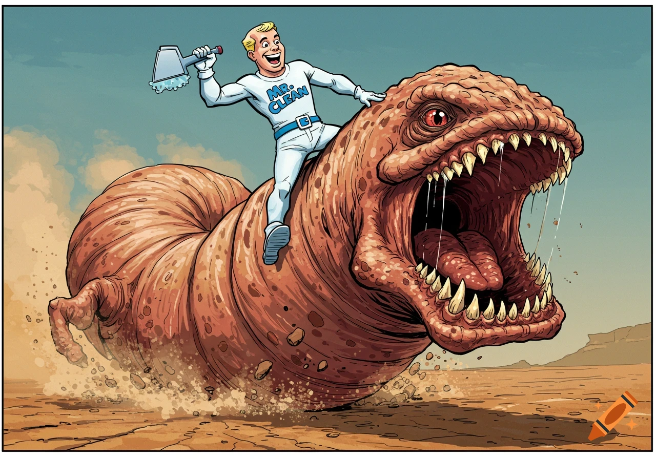 Mr. Clean rides a giant worm monster through the desert in a comic book ...