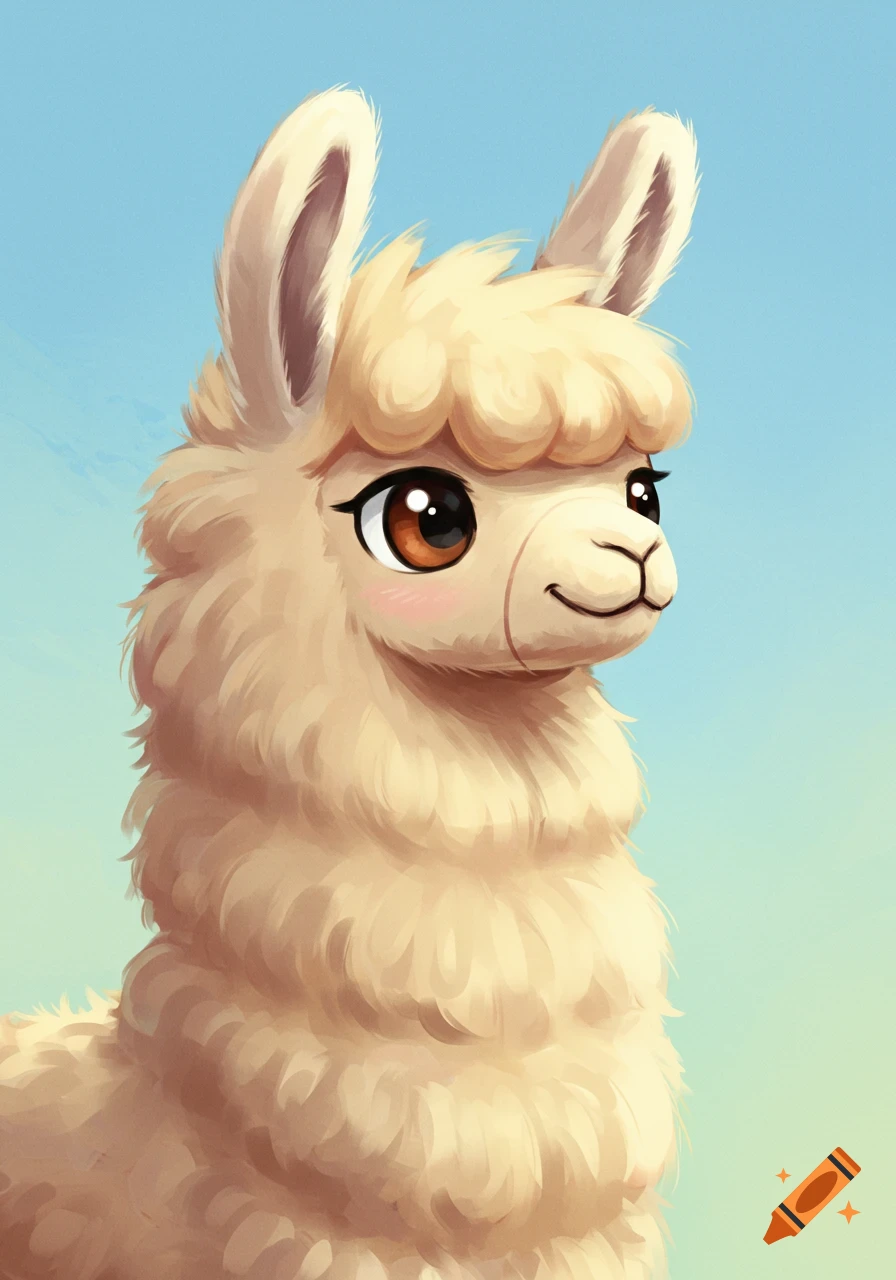 Cartoon illustration of a cute fluffy llama looking right on Craiyon