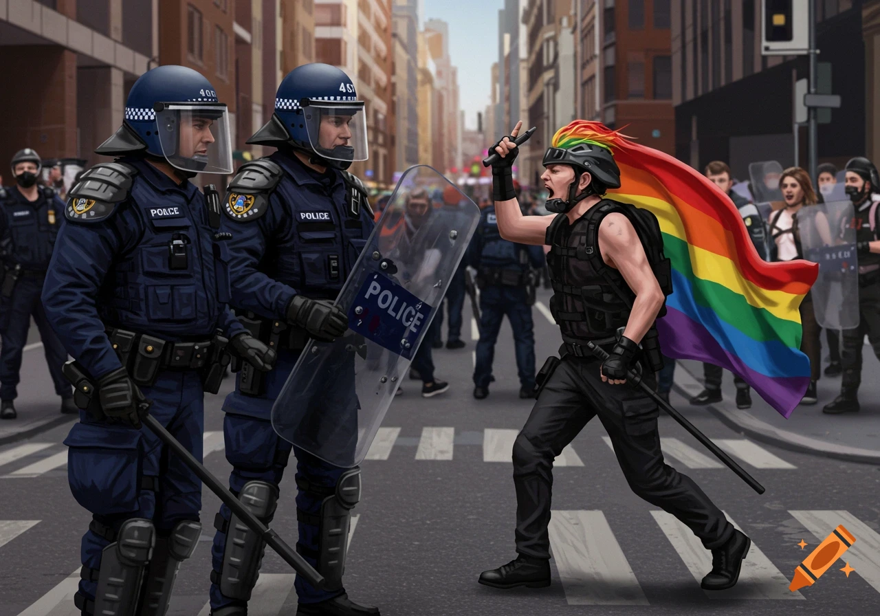 Illustration of police in riot gear facing a person holding a rainbow ...