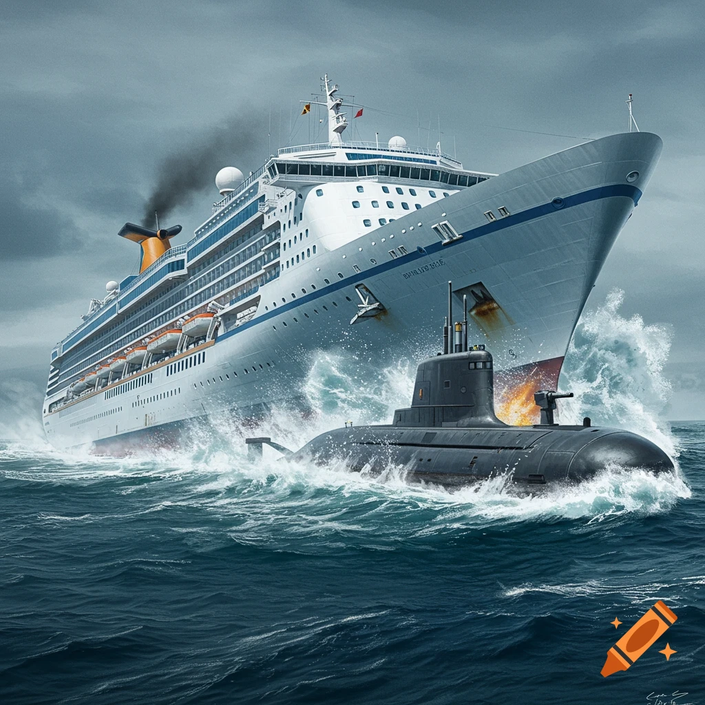 A large white cruise ship passes close to a dark grey submarine in ...