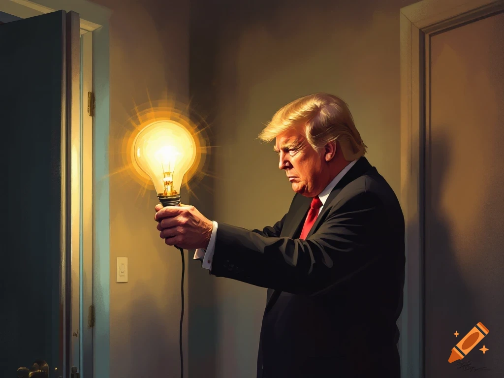 Painting of Donald Trump holding up a large glowing light bulb. on Craiyon