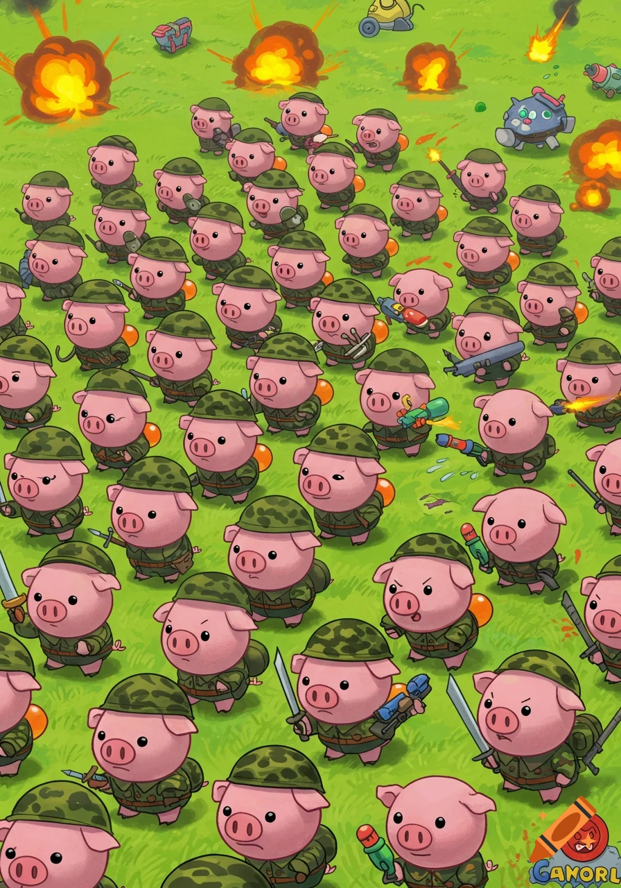 Cartoon pigs in military uniforms on a battlefield with weapons and ...